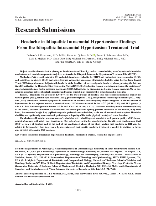 (PDF) Headache in Idiopathic Intracranial Hypertension: Findings From ...