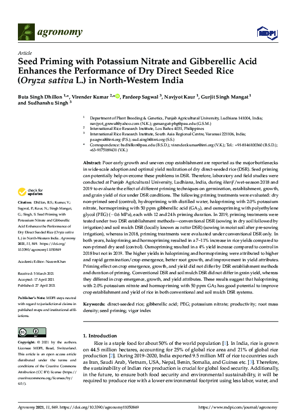 (PDF) Seed Priming with Potassium Nitrate and Gibberellic Acid Enhances the Performance of Dry ...