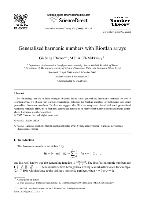 (PDF) Generalized harmonic numbers with Riordan arrays