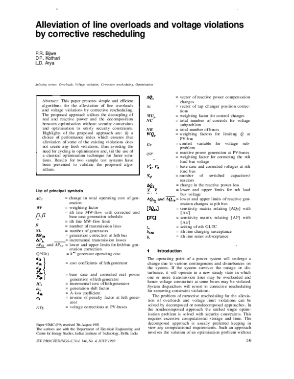 (PDF) Alleviation of line overloads and voltage violations by corrective rescheduling
