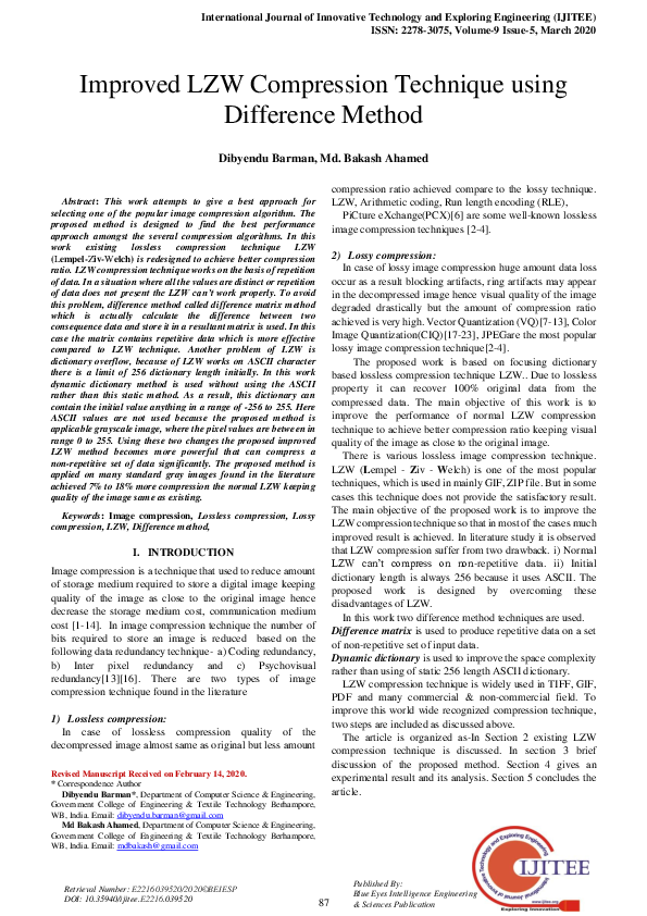 (PDF) Improved LZW Compression Technique using Difference Method