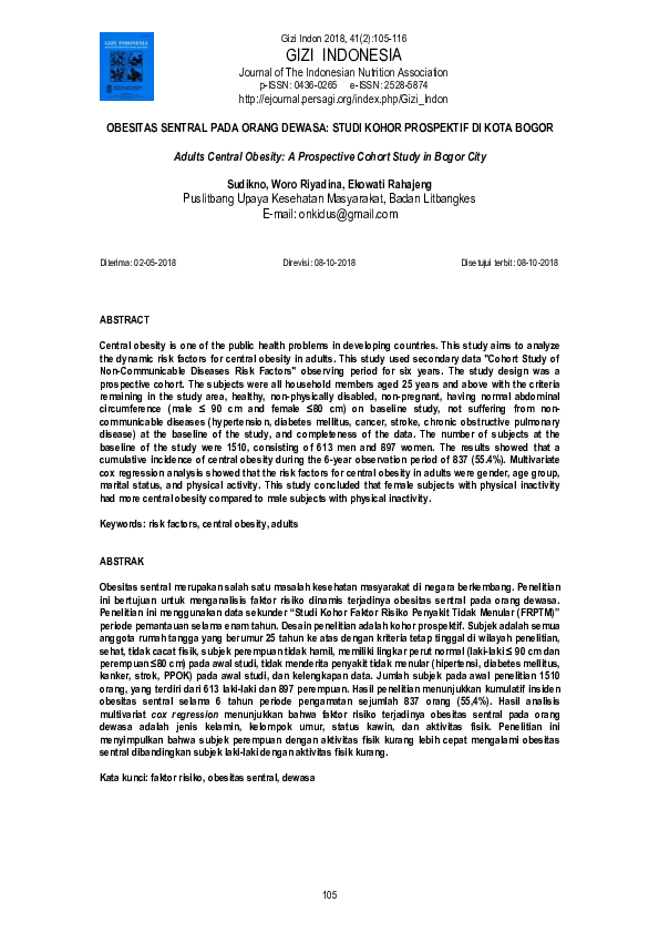 (PDF) Obesitas Sentral Pada Orang Dewasa: Studi Kohor Prospektif DI ...