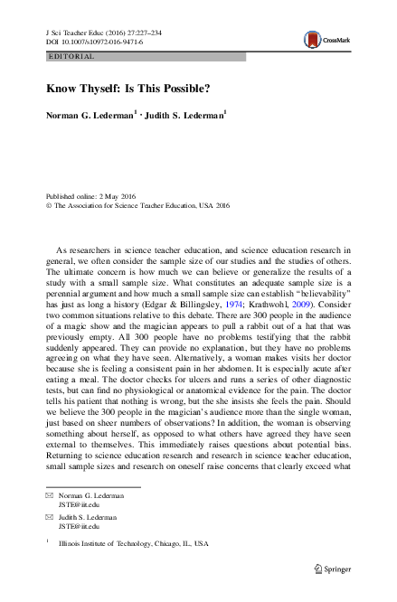 (PDF) Know Thyself: Is This Possible? | Judith Lederman - Academia.edu