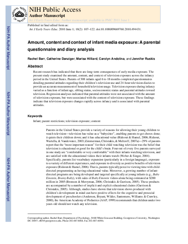 (PDF) Amount, content and context of infant media exposure: a parental ...