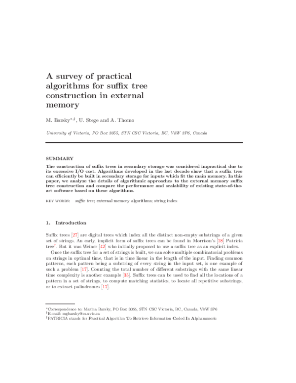 (PDF) A survey of practical algorithms for suffix tree construction in external memory