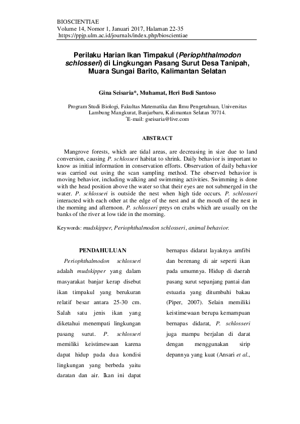 (PDF) Perilaku Harian Ikan Timpakul (Periophthalmodon schlosseri) di ...