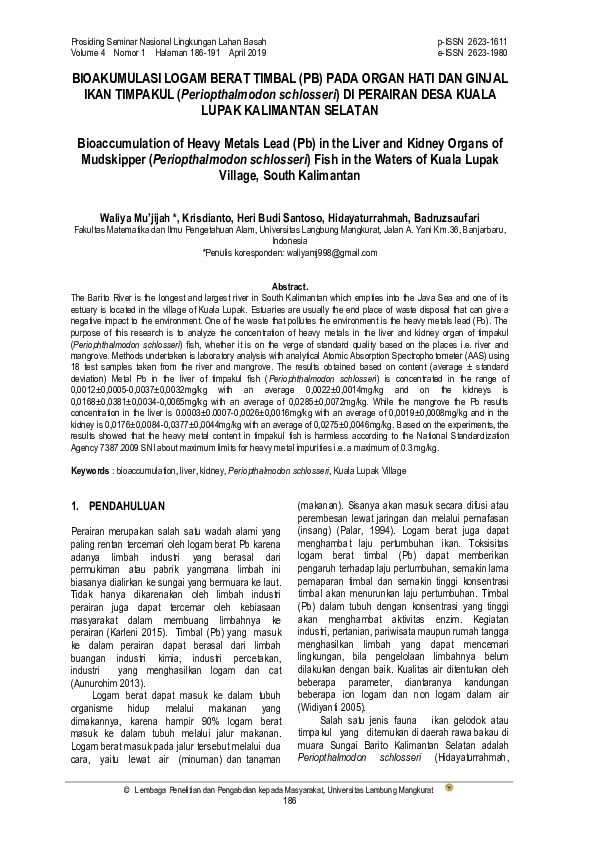 (PDF) Bioakumulasi logam berat timbal (PB) pada organ hati dan ginjal ...