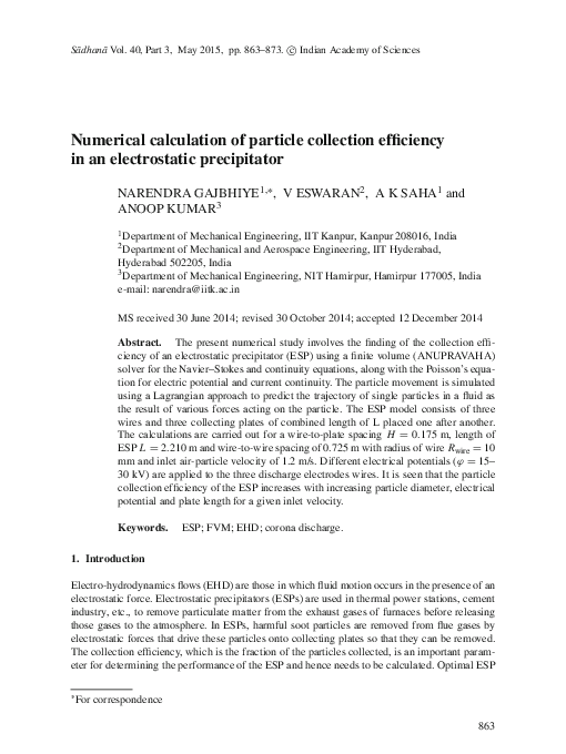 Pdf Numerical Calculation Of Particle Collection Efficiency In An