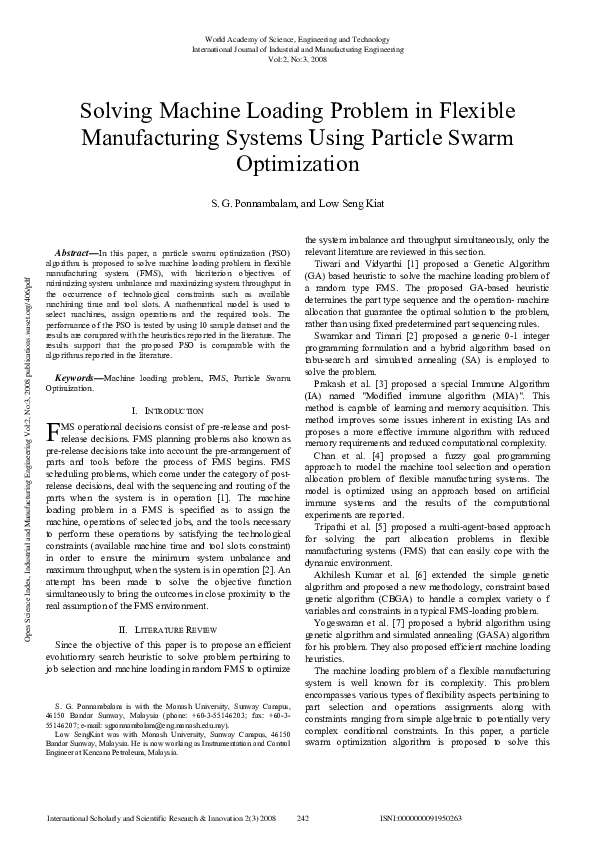 (PDF) Solving Machine Loading Problem in Flexible Manufacturing Systems Using Particle Swarm ...