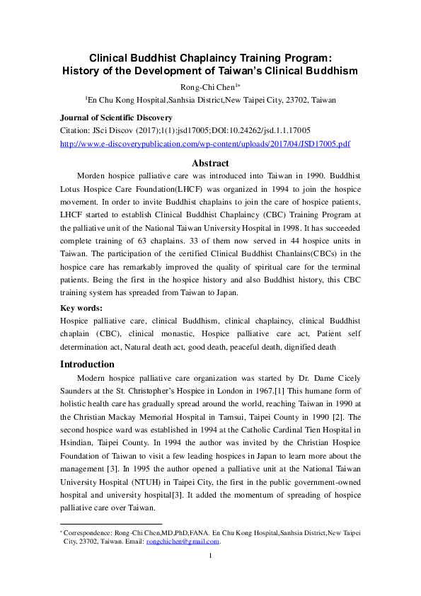(PDF) Clinical Buddhist Chaplaincy Training Program: History of the ...