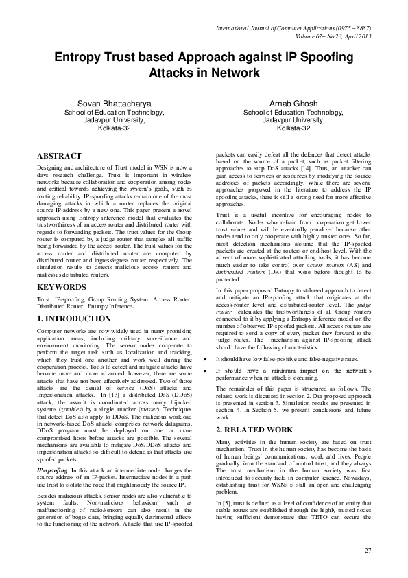 (PDF) Entropy Trust based Approach against IP Spoofing Attacks in Network