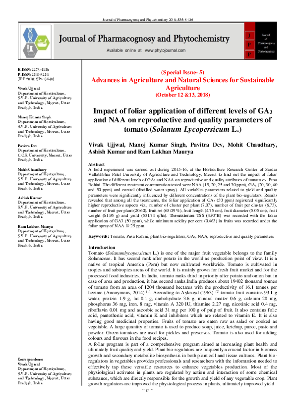 Impact Of Foliar Application Of Different Levels Of Ga3 And Naa On