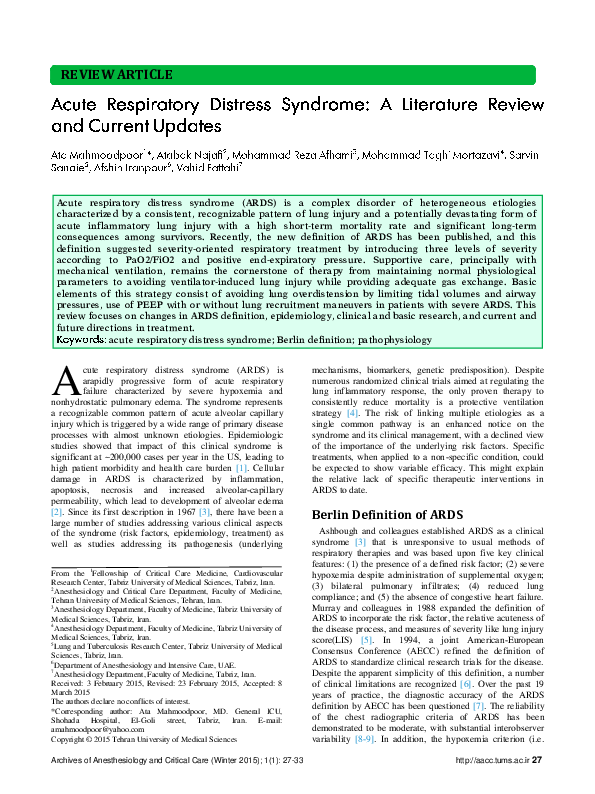 (PDF) Acute Respiratory Distress Syndrome: A Literature Review and ...