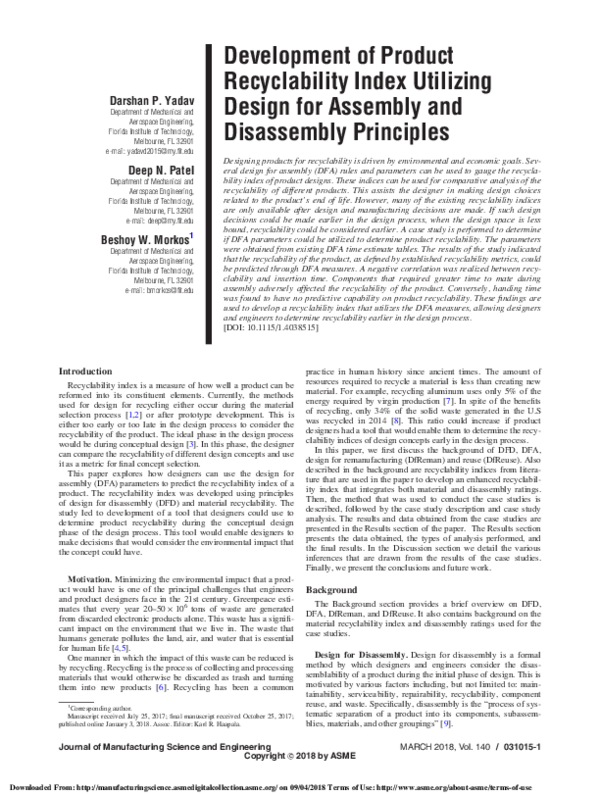 (PDF) Development of Product Recyclability Index Utilizing Design for ...