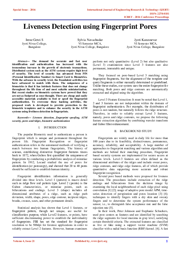 Pdf Liveness Detection Using Fingerprint Pores