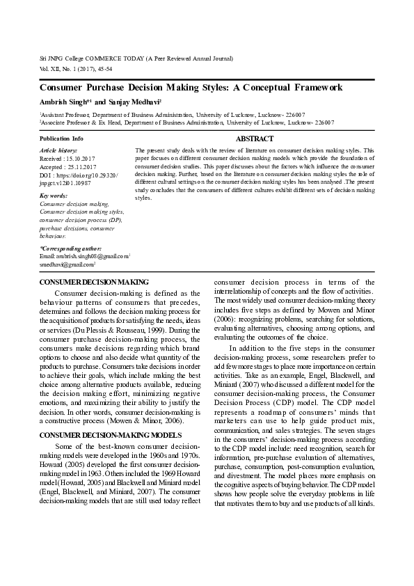 (PDF) Consumer Purchase Decision Making Styles: A Conceptual Framework ... (PDF) Consumer Purchase Decision Making Styles: A Conceptual Framework ...