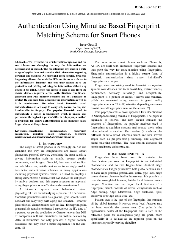 (PDF) Authentication Using Minutiae Based Fingerprint Matching Scheme for Smart Phones