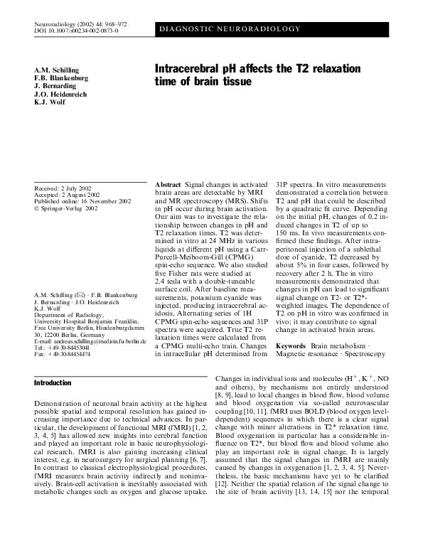 (PDF) Intracerebral pH affects the T2 relaxation time of brain tissue