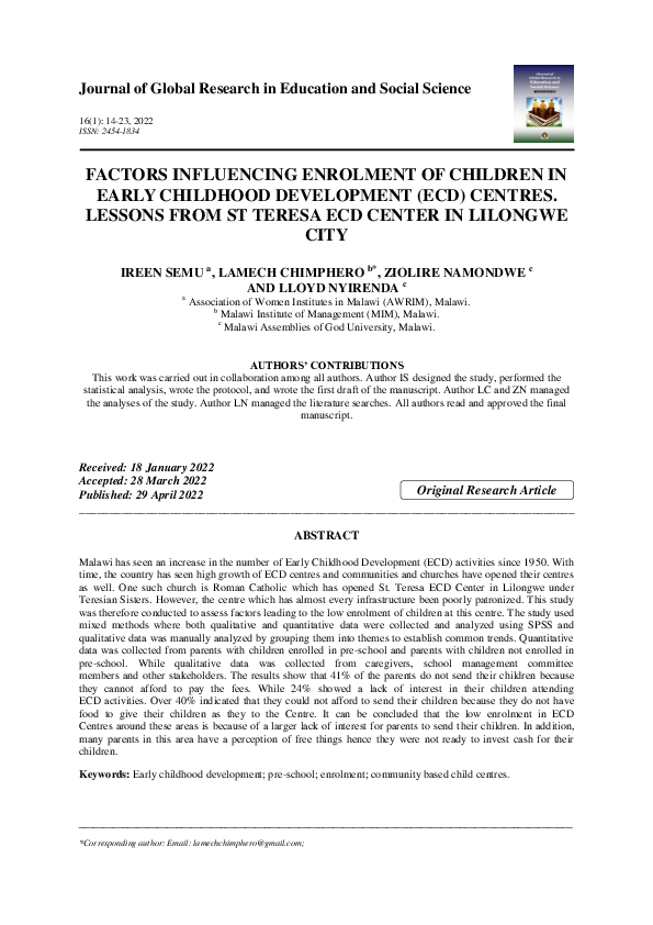 (PDF) FACTORS INFLUENCING ENROLMENT OF CHILDREN IN EARLY CHILDHOOD ...