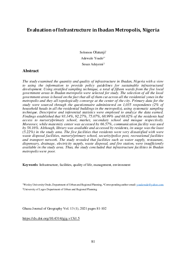 (PDF) Evaluation of Infrastructure in Ibadan Metropolis, Nigeria