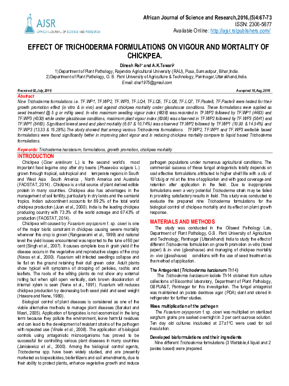 (PDF) Effect of trichoderma formulations on vigour and mortality of ...