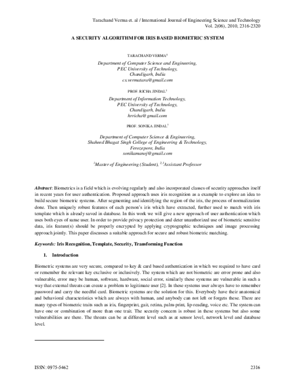 (PDF) A Security Algorithm for Iris Based Biometric System