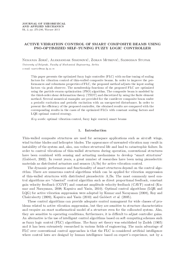 Pdf Free Vibration Control Of Smart Composite Beams Using Particle Swarm Optimized Self Tuning