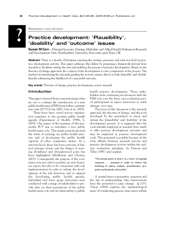 (PDF) Practice development: ‘plausibility’, ‘doability’ and ‘outcome ...