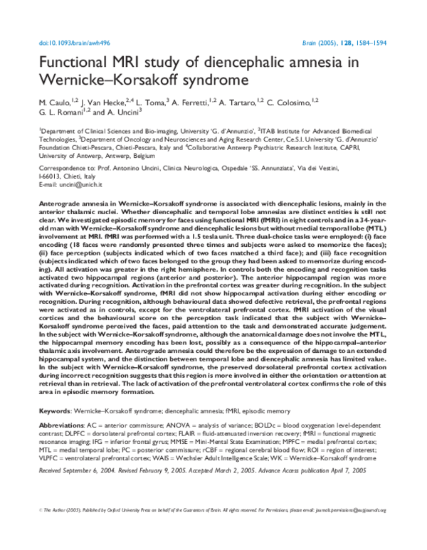 (PDF) Functional MRI study of diencephalic amnesia in Wernicke ...