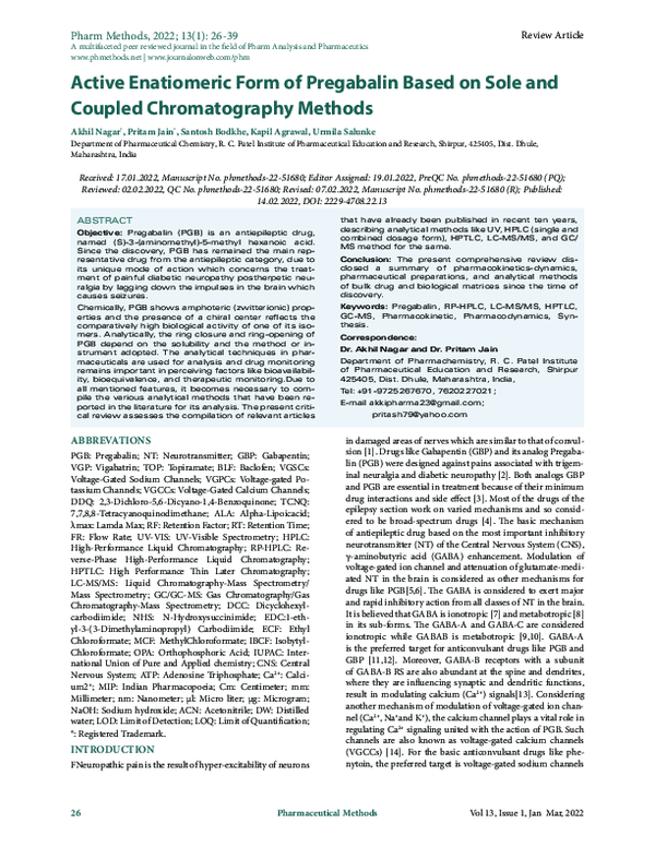 (PDF) Active Enatiomeric Form of Pregabalin Based on Sole and Coupled ...