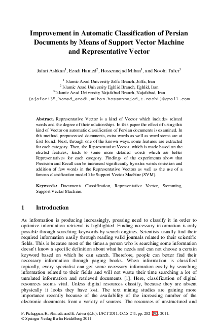 (PDF) Improvement in Automatic Classification of Persian Documents by Means of Support Vector ...