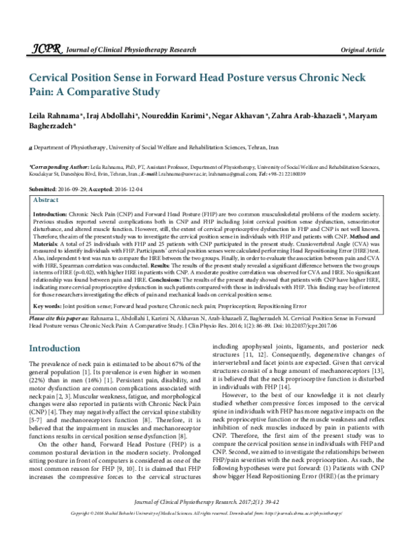 (PDF) Cervical Position Sense in Forward Head Posture versus Chronic ...