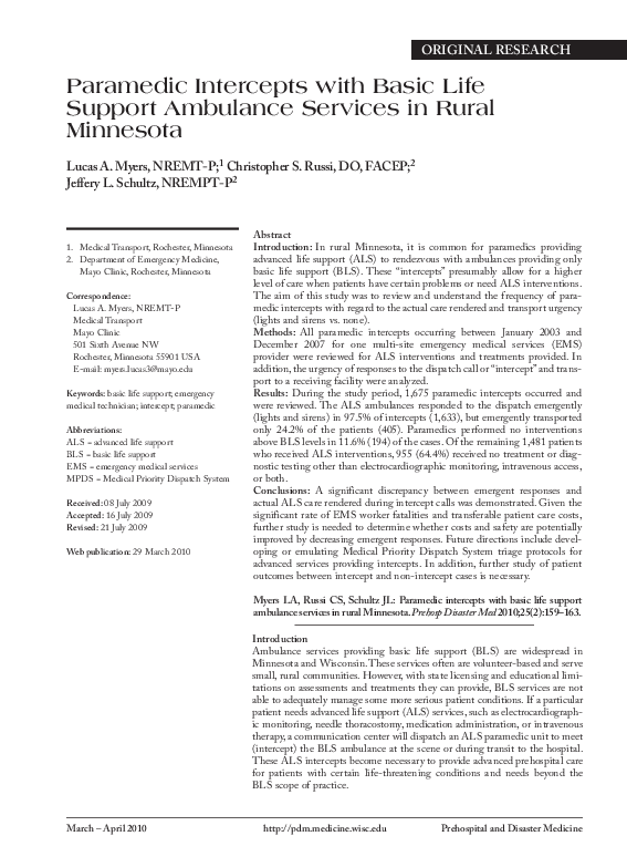 (PDF) Paramedic Intercepts with Basic Life Support Ambulance Services ...