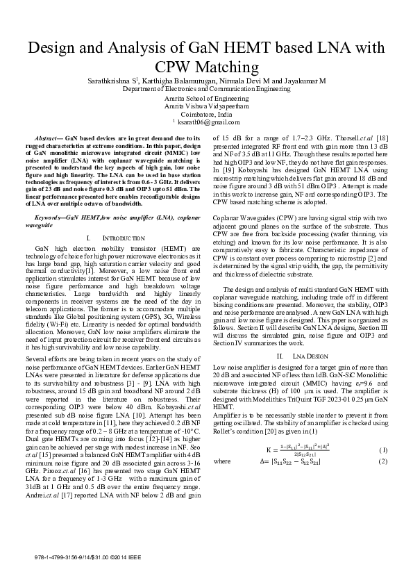 (PDF) Design and analysis of GaN HEMT based LNA with CPW matching