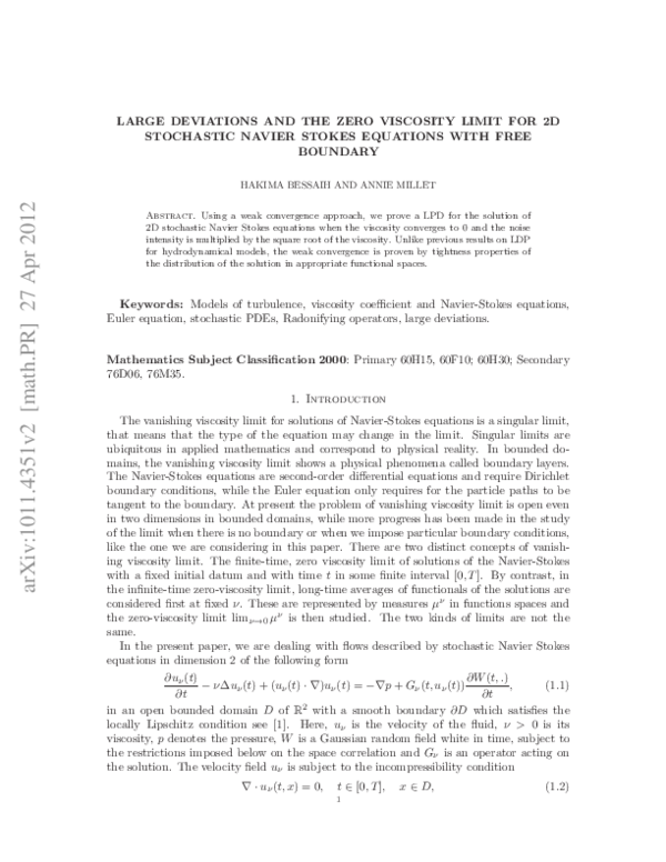 (PDF) Inviscid Large deviation principle and the 2D Navier Stokes ...