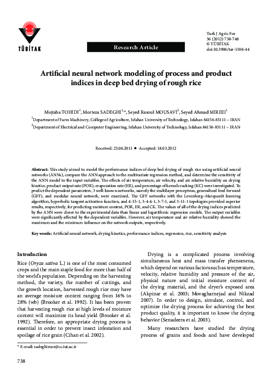 Pdf Artificial Neural Network Modeling Of Process And Product Indices In Deep Bed Drying Of
