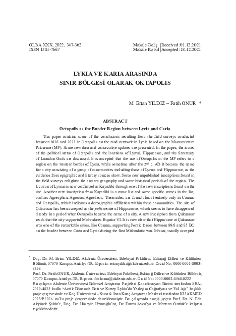 (PDF) Lykia ve Karia Arasında Sınır Bölgesi Olarak Oktapolis