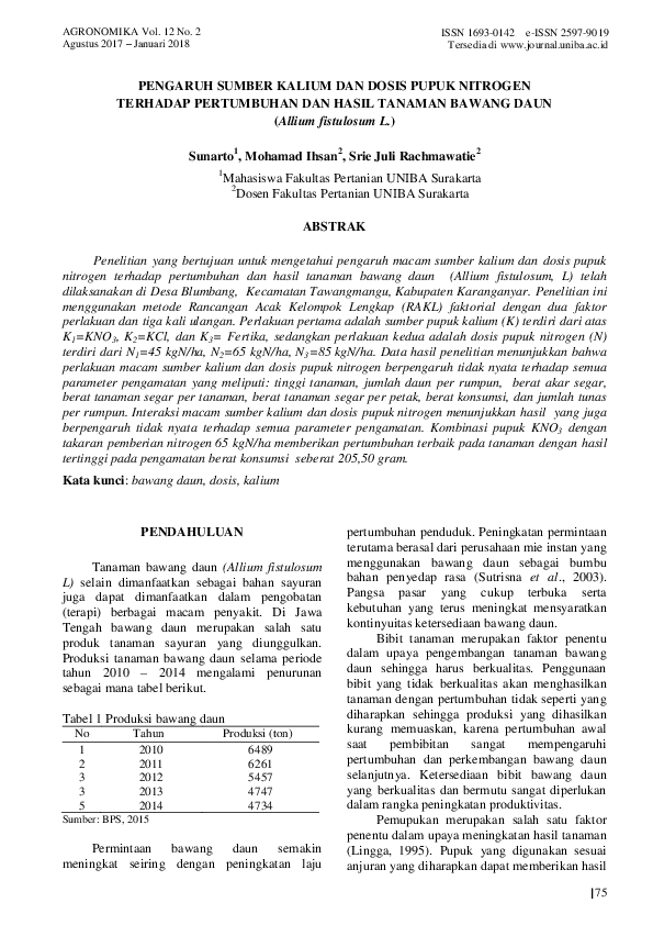 (PDF) PENGARUH SUMBER KALIUM DAN DOSIS PUPUK NITROGEN TERHADAP PERTUMBUHAN DAN HASIL TANAMAN ...