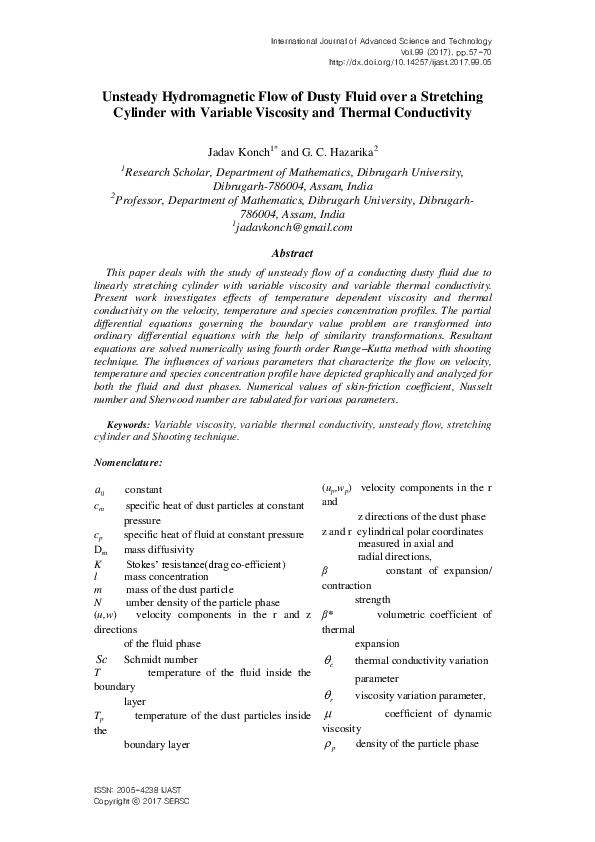 Pdf Unsteady Hydromagnetic Flow Of Dusty Fluid Over A Stretching Cylinder With Variable