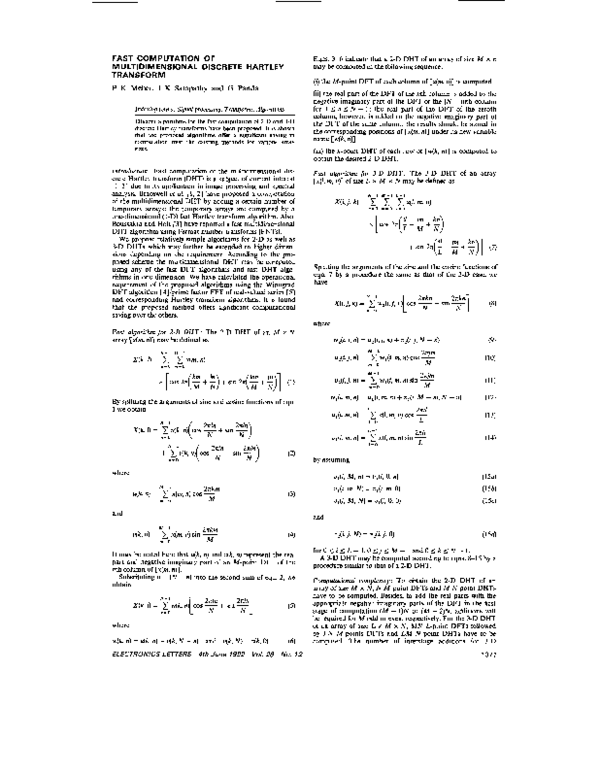 Pdf Fast Computation Of Multidimensional Discrete Hartley Transform