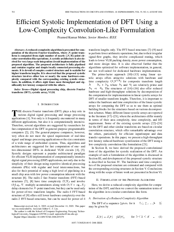Pdf Efficient Systolic Implementation Of Dft Using A Low Complexity Convolution Like Formulation
