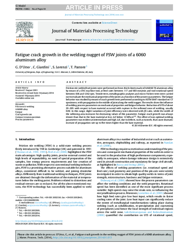(PDF) Fatigue crack growth in the welding nugget of FSW joints of a ...