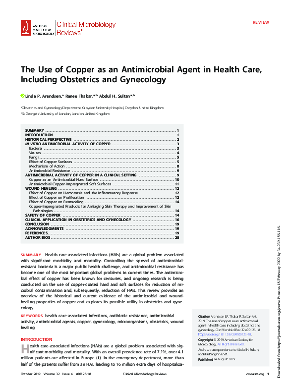(PDF) The Use of Copper as an Antimicrobial Agent in Health Care ...