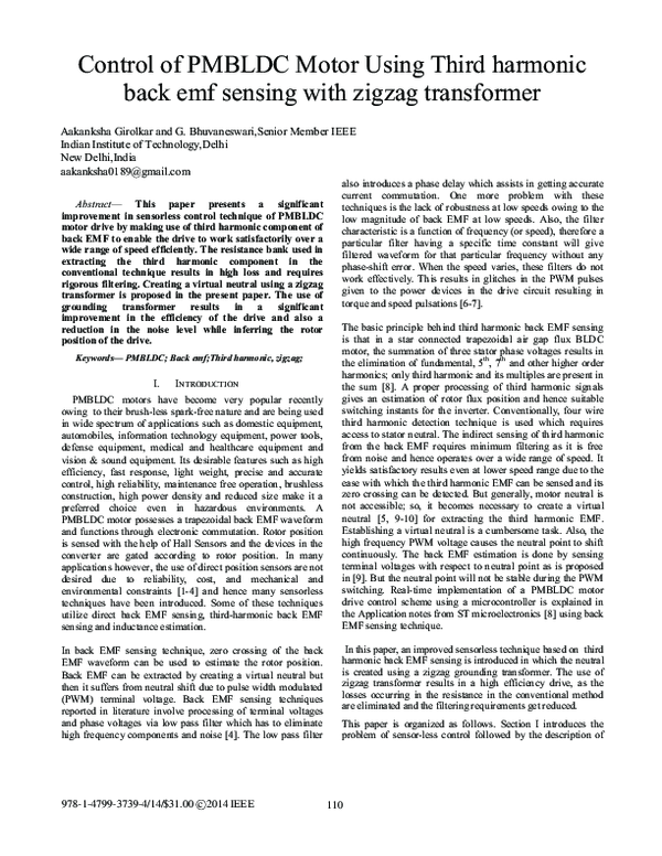 (PDF) Control of PMBLDC motor using third harmonic back emf sensing with zigzag transformer ...
