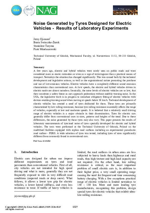 (PDF) Noise Generated by Tyres Designed for Electric Vehicles-Results ...