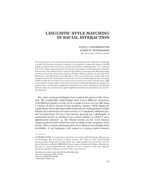 (PDF) Linguistic Style Matching in Social Interaction