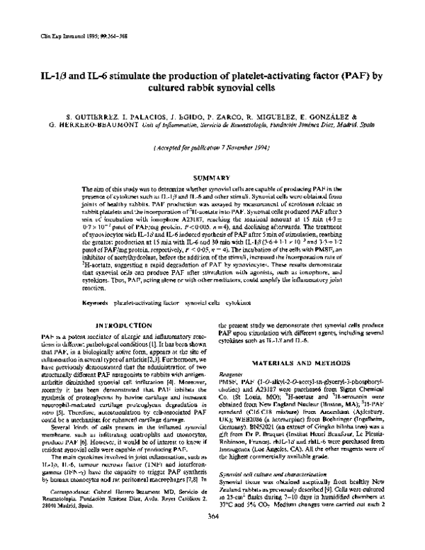 (PDF) IL-1β and IL-6 stimulate the production of platelet-activating ...