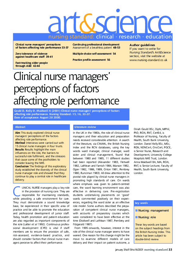 (PDF) Clinical nurse managers’ perceptions of factors affecting role performance