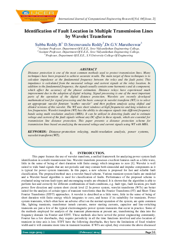 (PDF) Identification of Fault Location in Multiple Transmission Lines by Wavelet Transform