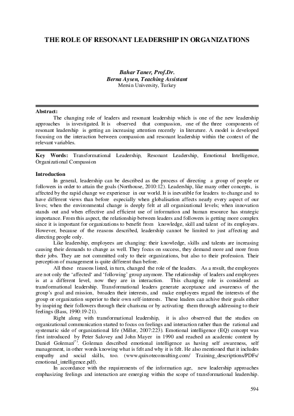 (PDF) The Role of Resonant Leadership in Organizations
